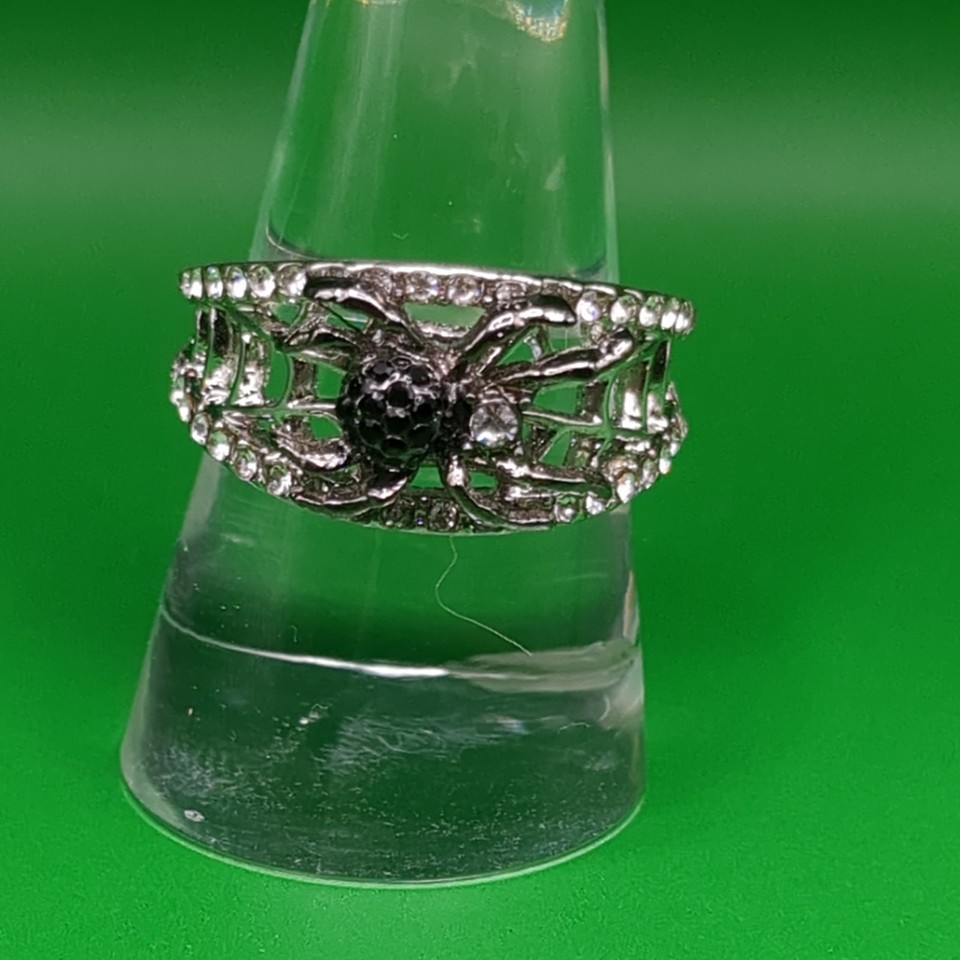 Silver Tone Band Ring Spider Web Shape Clear Rhinestones Halloween ...