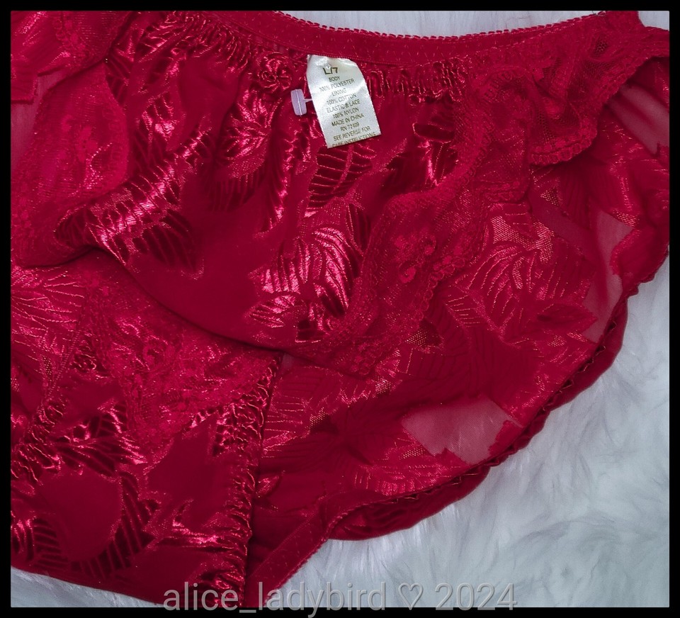NOS Vintage SHINY String Bikini PANTIES Red SATIN Lace Ruffle FLORAL ...