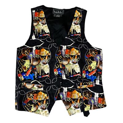 Nicole Miller Women Printed Vest Cowboy Rodeo Western 100% Silk Black ...