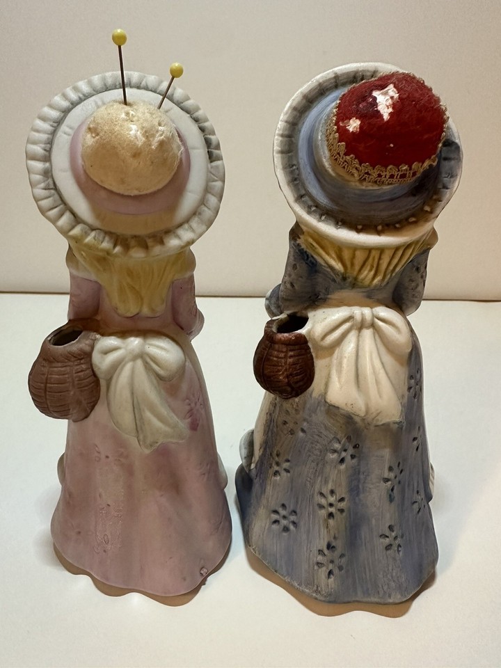 Vintage Sewing Caddy Girl Figurine Pincushion Hat and Spool of Thread ...