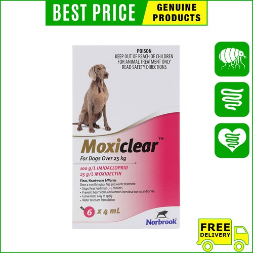 MOXICLEAR 6 Pipettes Flea Heartworm Worms Treatment for Dogs Over 25 Kg ...