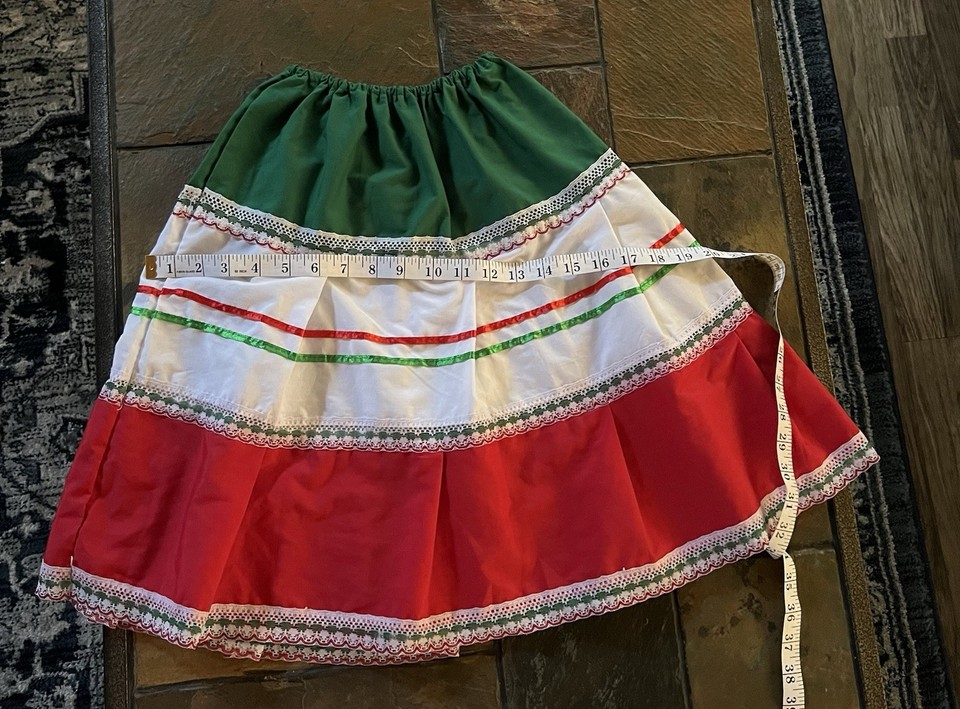 Mexican Skirt Girls w/Elastic Waist Ribbons-Lace Red White Green Pre ...