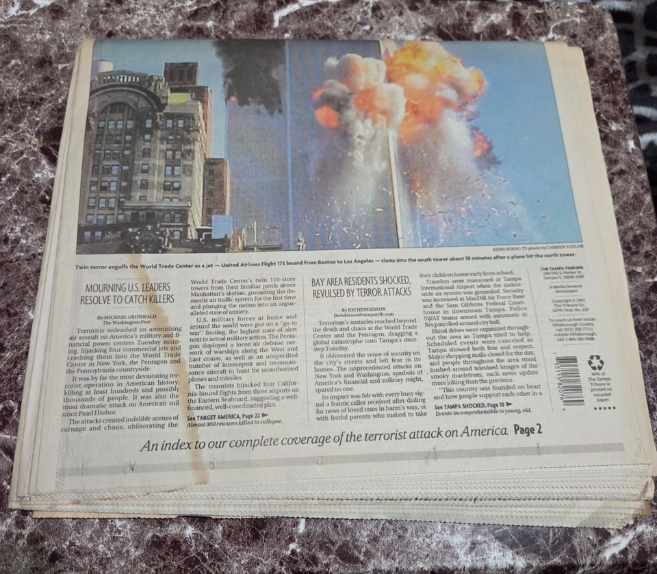 Vintage “The Tampa Tribune” September 12, 2001 Newspaper 9/11 Attack ...