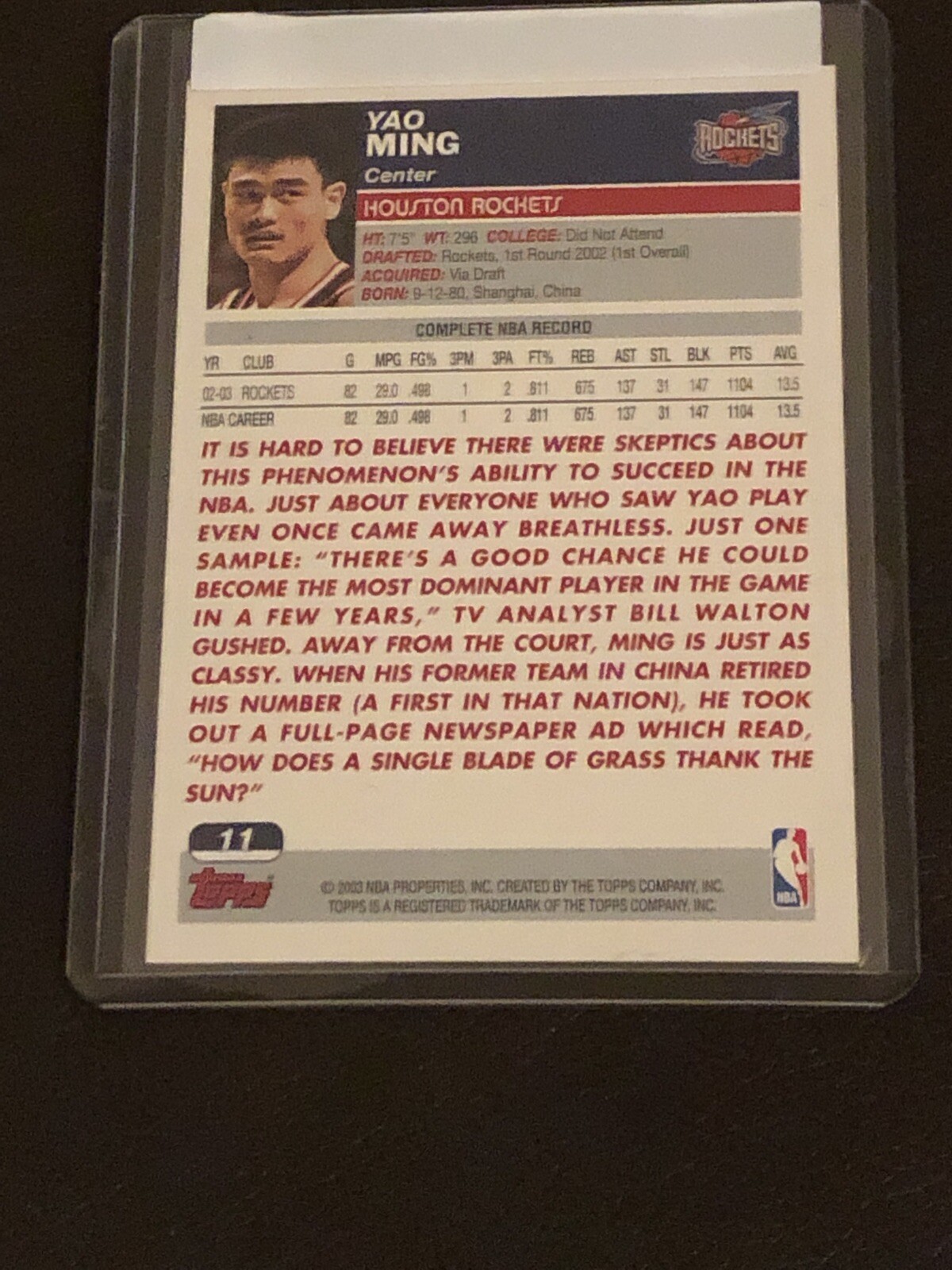 2003 TOPPS YAO MING Rookie Card #11 Original Flawless card. China 🇨🇳 | eBay