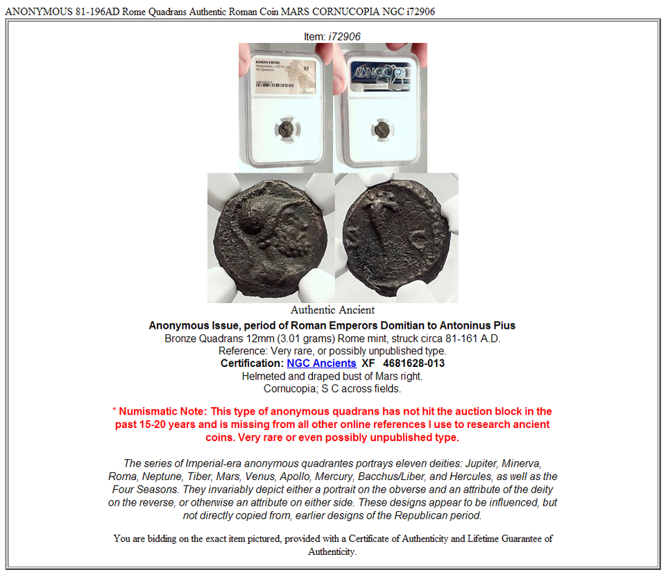 ANONYMOUS 81-196AD Rome Quadrans Authentic Roman Coin MARS CORNUCOPIA ...