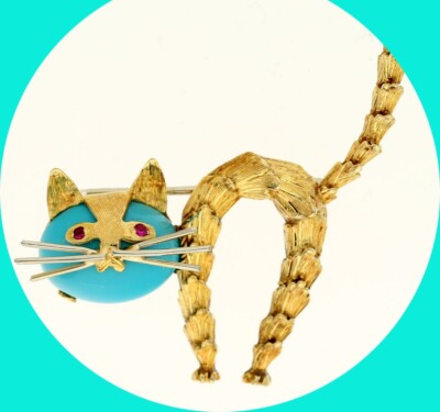 Vintage Ruby Turquoise Cat Pin Brooch Pendant 9.55CT 18K YG 1 13/16 ...