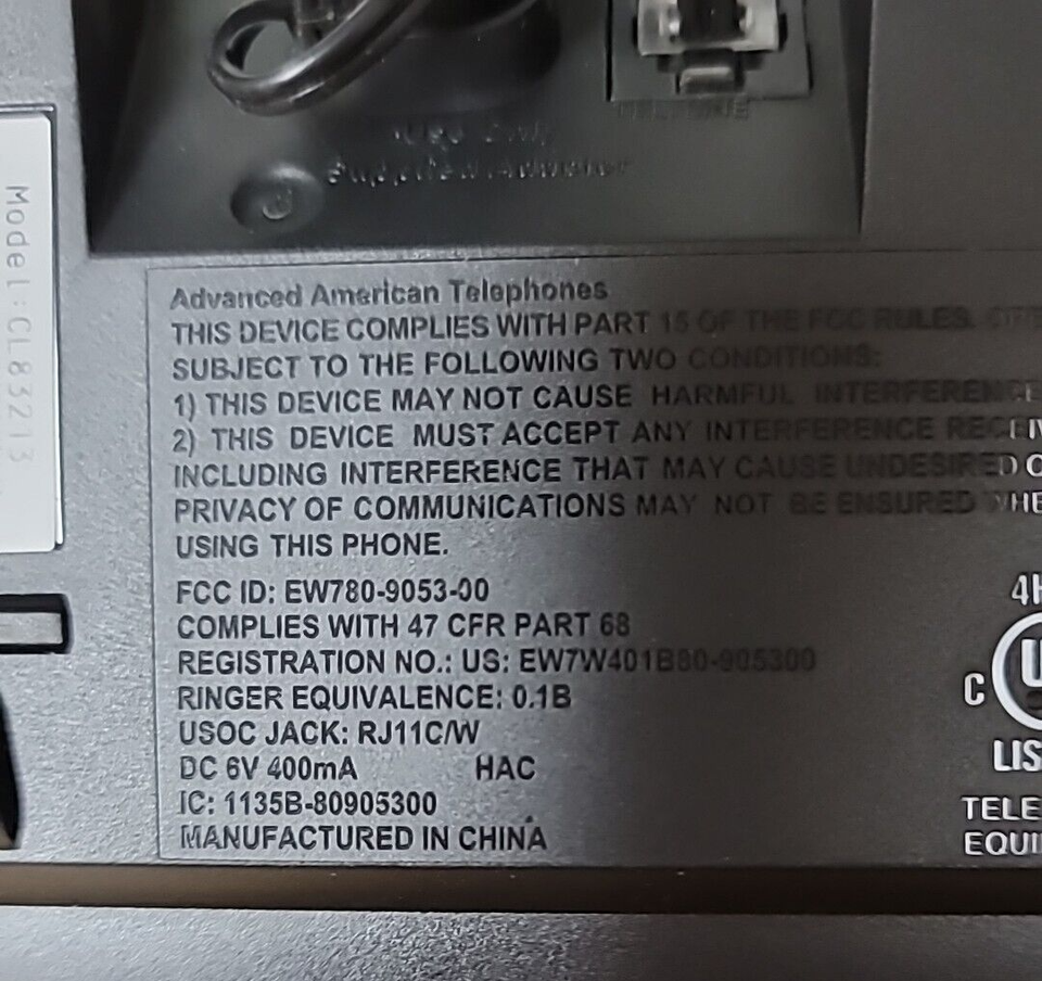 AT&T CL83213 Cordless Handset Phone Base Charger Adapter Cord Caller ID ...