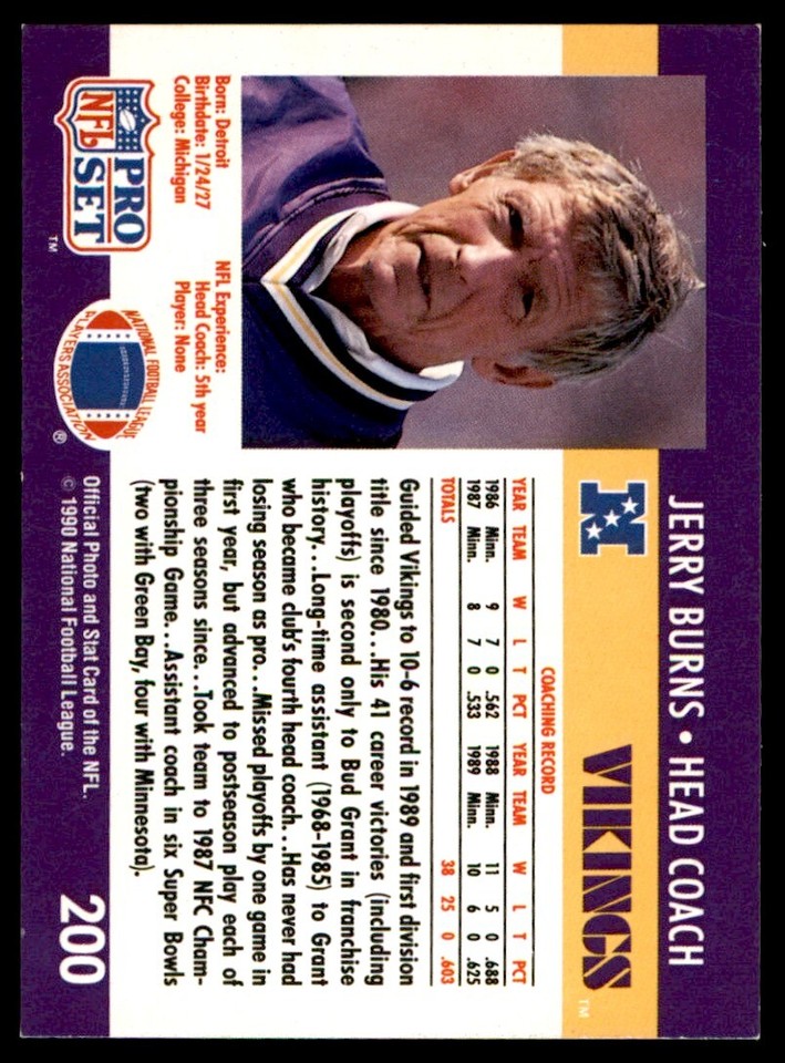 1990 Pro Set Jerry Burns Minnesota Vikings #200 | eBay