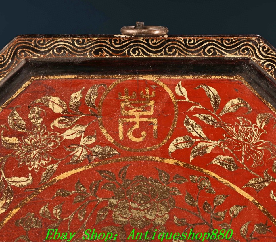 11.8''Old Dynasty Bronze Gilt Painting Flower Word Pattern Wall Hanging ...