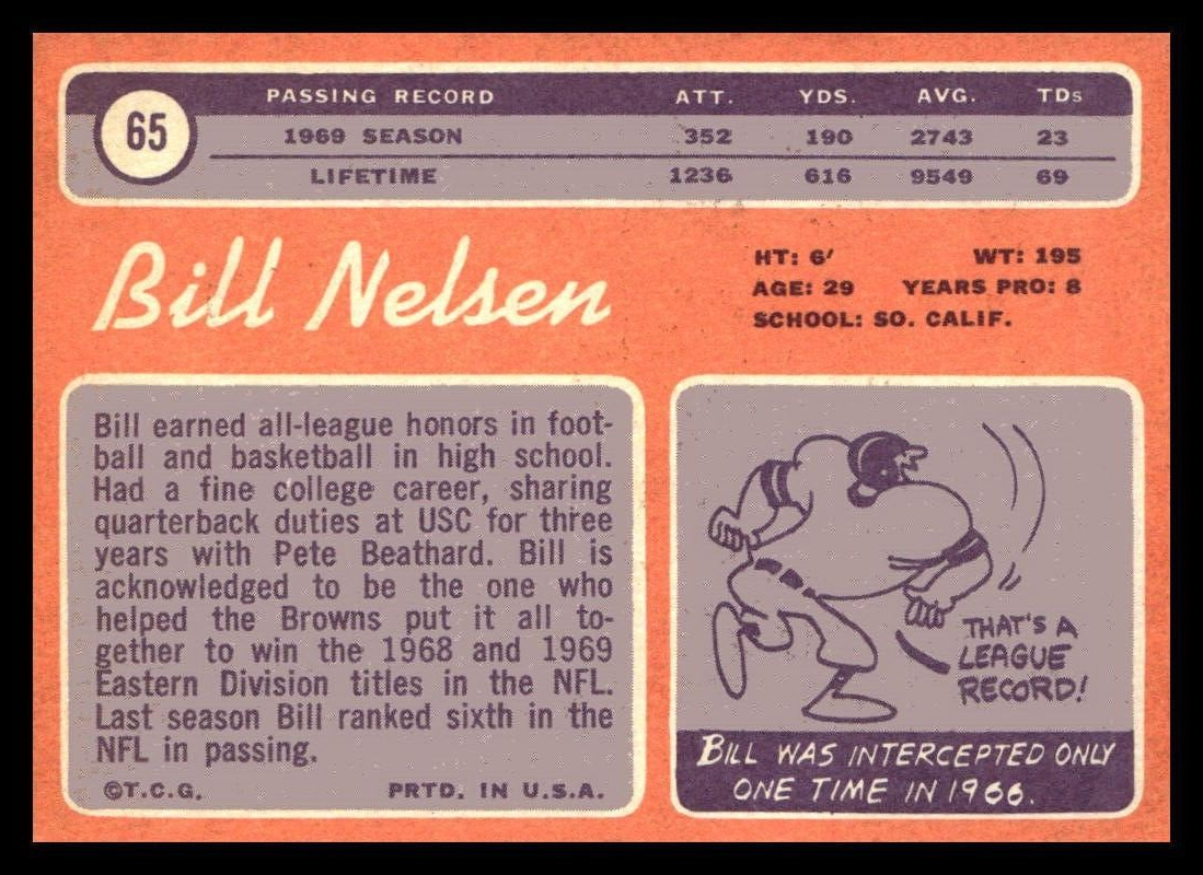 1970 Bill Nelsen Topps Football #65 EX-MT *NICE* SET BREAK | eBay