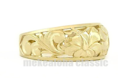10mm Dome Taper Ring 14k Gold Hawaiian Cut Out Hibiscus Flower Scroll ...
