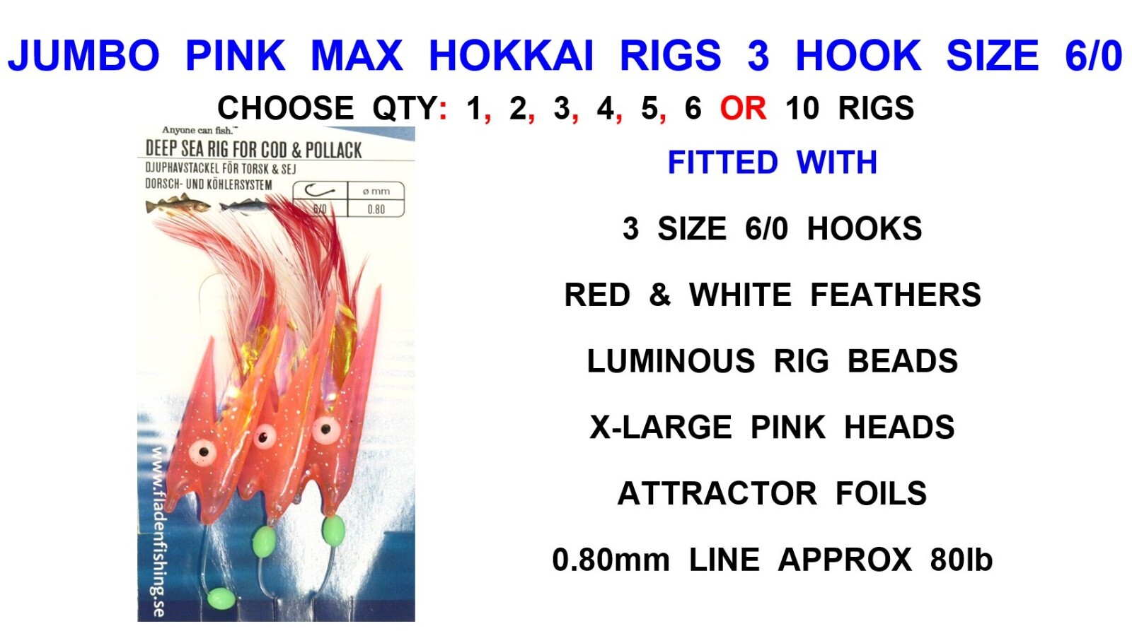 PINK MAX HOKKAI RIGS 3 HOOK 6/0 SEA FISHING LURES COD POLLOCK MACKEREL ...