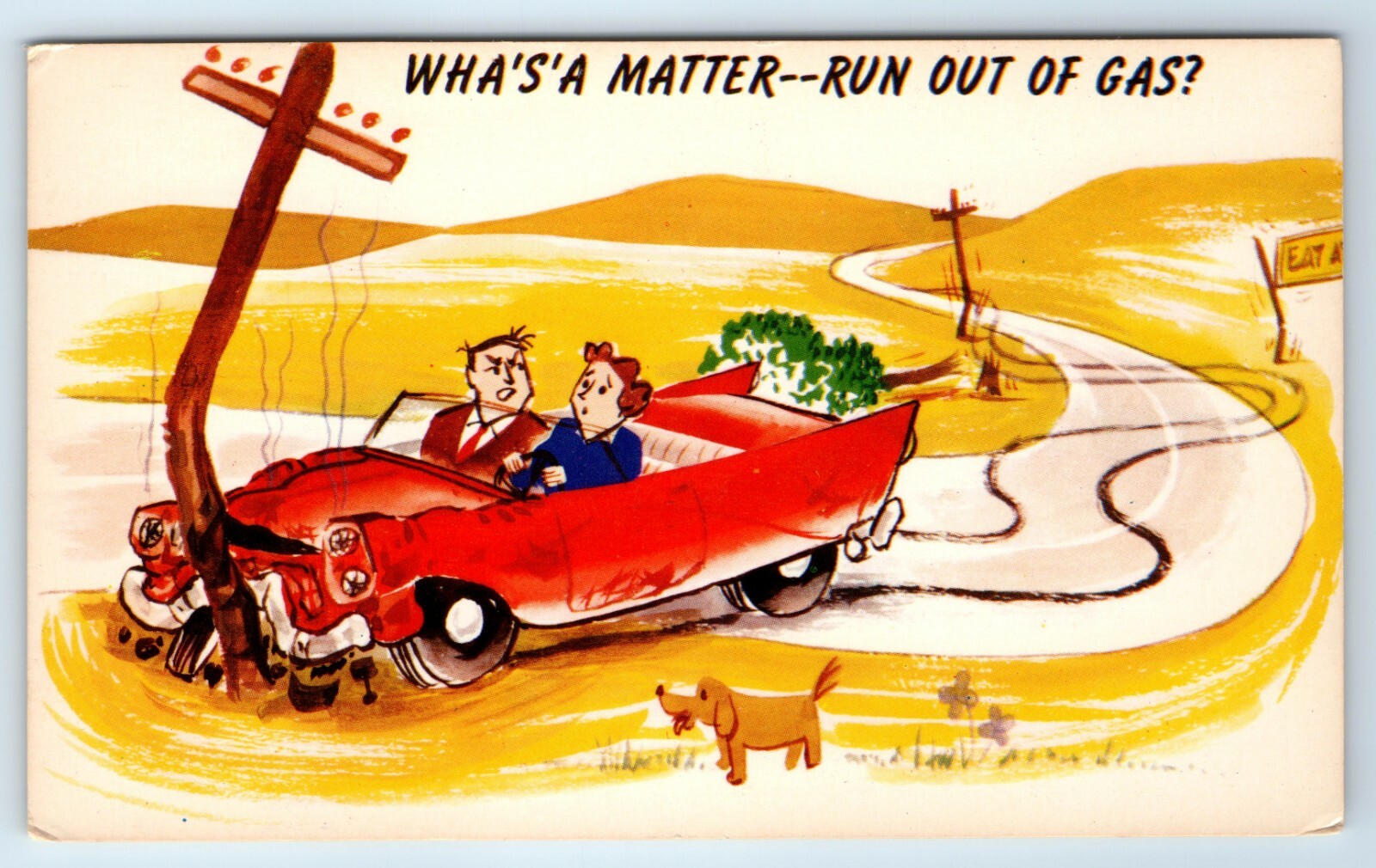 Vintage Postcard Comic Wha's'a Matter Run Out Of Gas Car Crash Humor | eBay