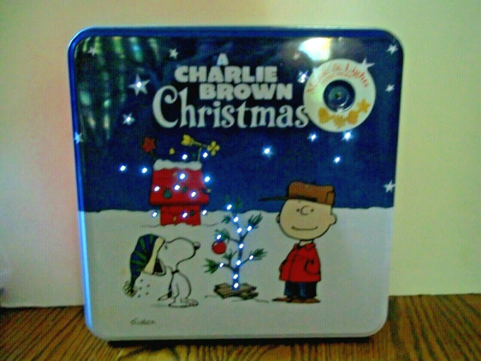SNOOPY&Charlie Brown Christmas Music & Light Up Cookie Tin 9.5"x 9"x 2. ...