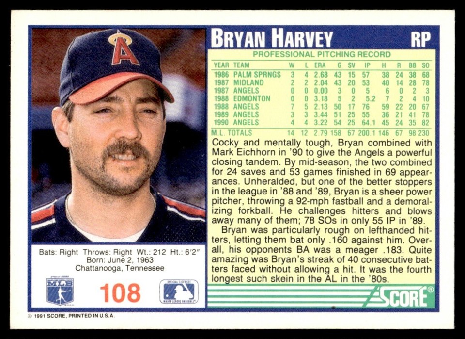 1991 Score #108 Bryan Harvey California Angels | eBay