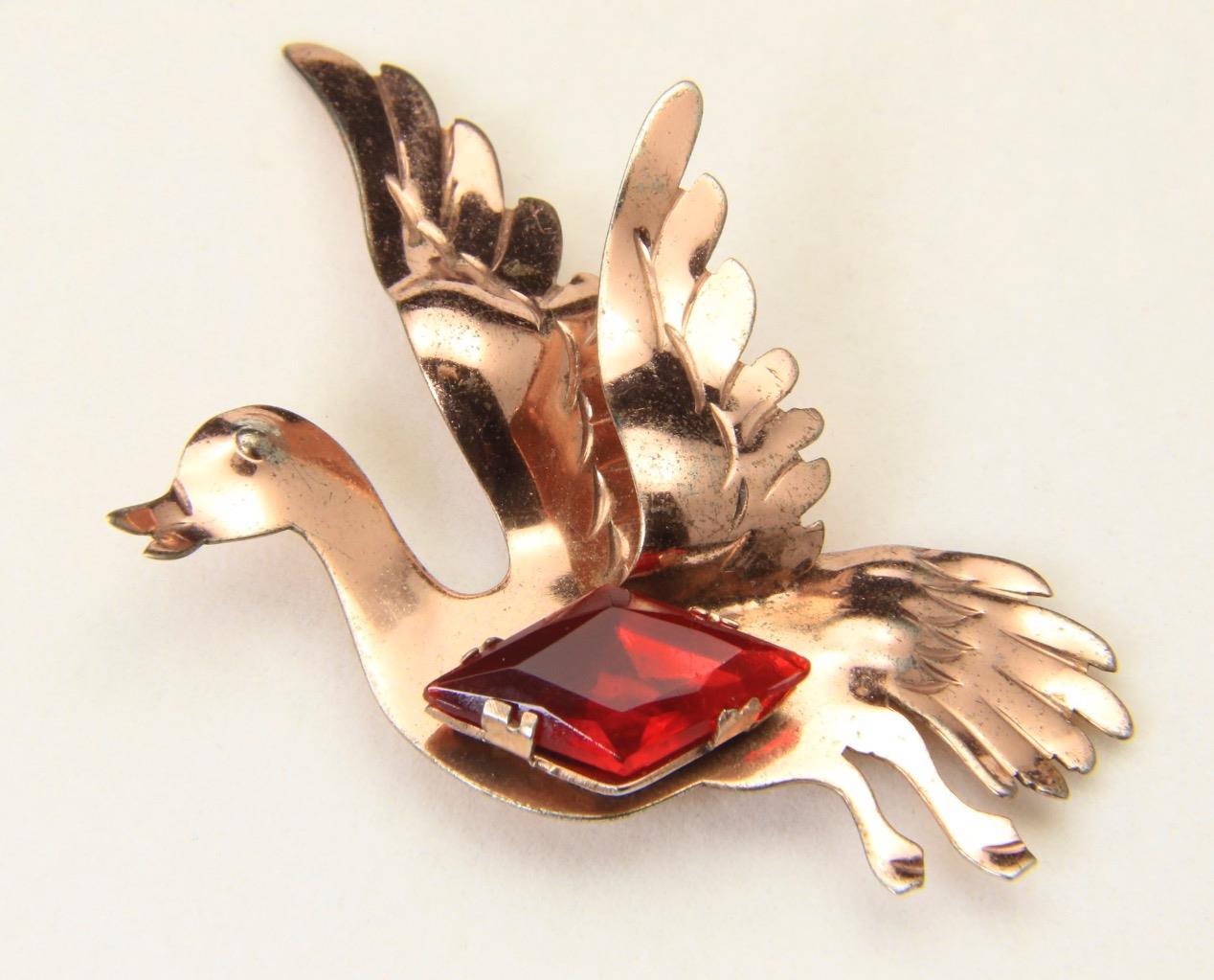 Vintage Sterling Silver w/ Gold Wash & Red Rhinestone Duck in Flight ...