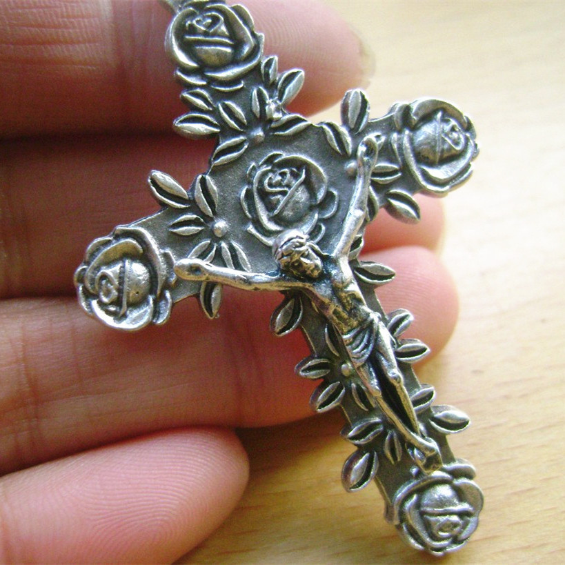 Large 2.2" Holy Trinity Rose Rosary Crucifix silver jesus cross ...