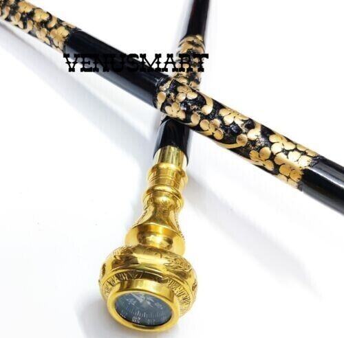 Antique Brass Designer Compass Head Handle Wooden Walking Stick Cane ...