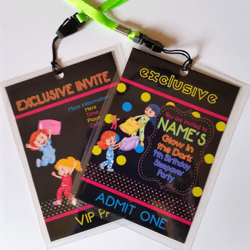 Personalised VIP Pass Lanyard Birthday Party Invite Neon Glow Slumber ...