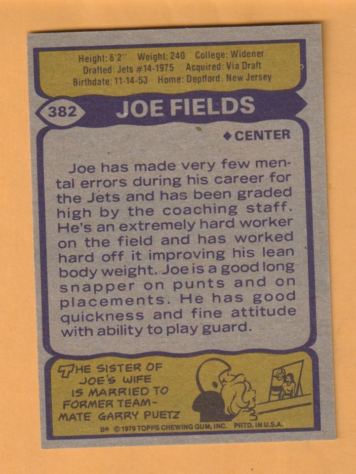 Joe Fields New York Jets AUTO Signed 1979 Topps Gloucester City New ...