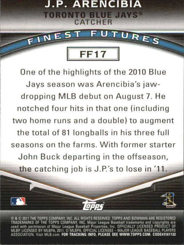 2011 Bowman Finest Futures #FF17 J.P. Arencibia Blue Jays (Topps) NM-MT | eBay