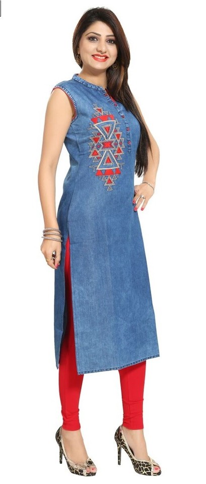 Women Ethnic Denim Designer Blue Embroidery Kurti Tunic Kurta Shirt ...