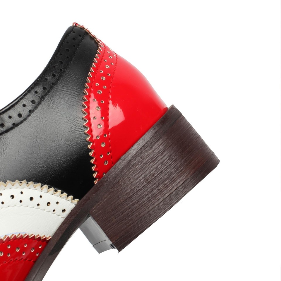 Retro Women British Round Toe Lace Up Splicing Block Heel Brogue ...
