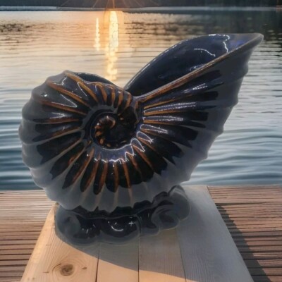 Vintage Large Blue Brown Pottery Nautilus Shell Vase 8"T X 12"L X 4.5"W ...