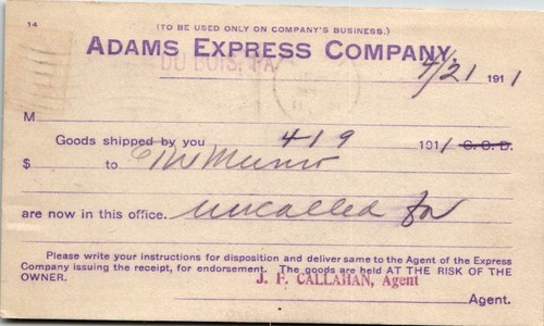 Adams Express Co Postcard DuBois PA 4/21/1911 Uncalled For | eBay