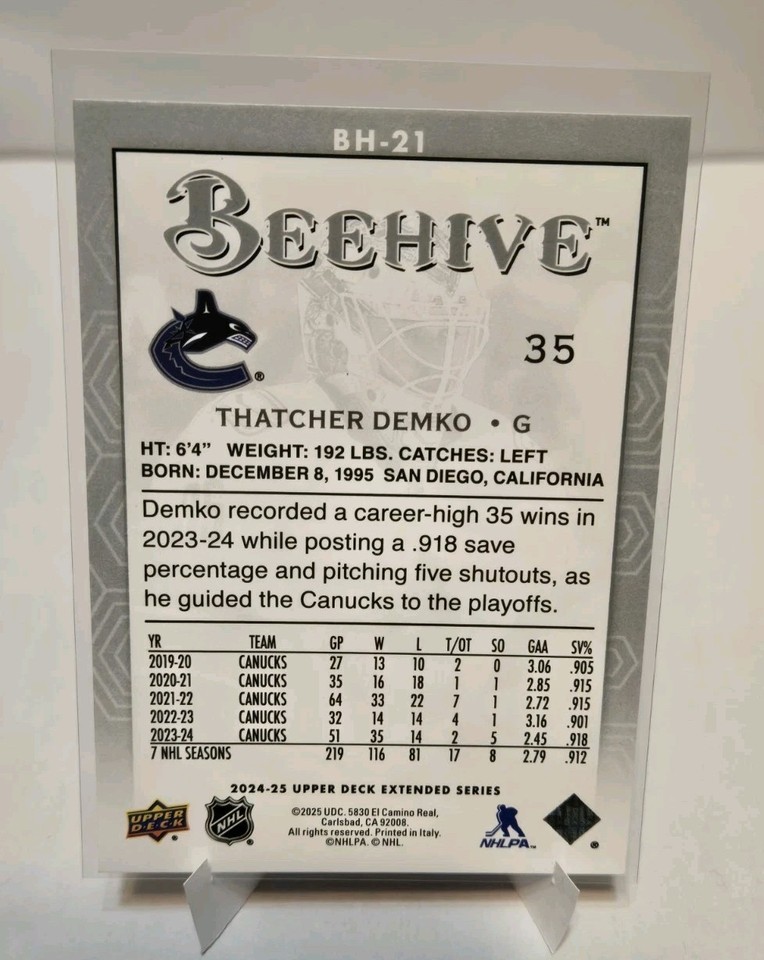 2024 25 Upper Deck Extended Beehive Thatcher Demko #BH-21 Vancouver ...