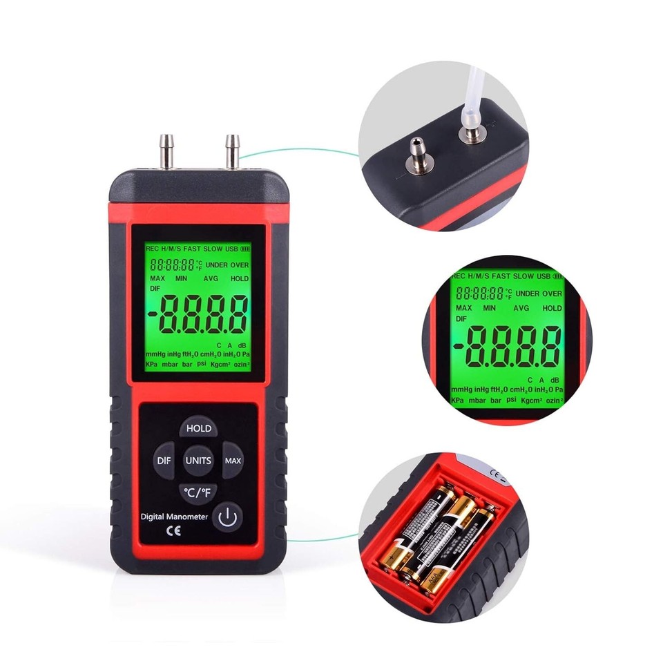 Digital Manometer, Professional Air Pressure Meter, Dual-Port HVAC (z01 ...