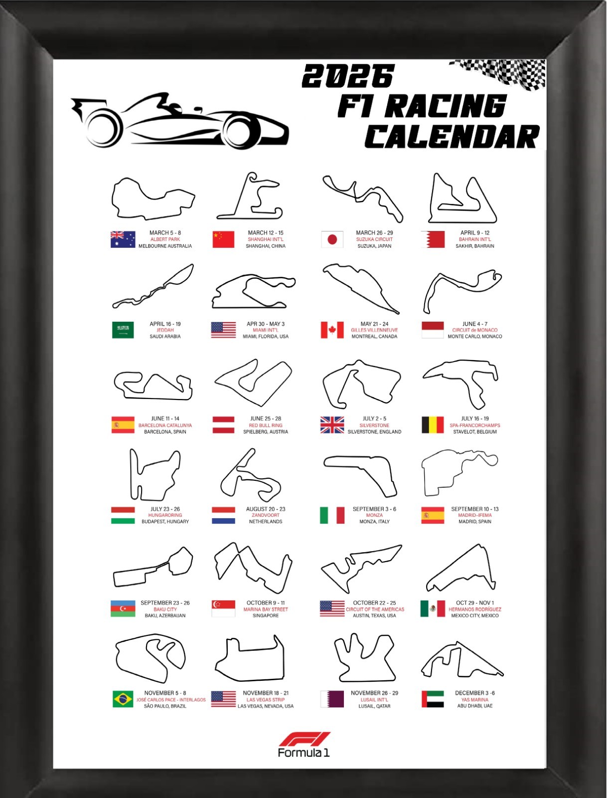 F1 2026 F1 Print Formula 1 One Racing Schedule Calendar Circuits Dates ...
