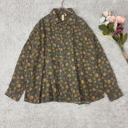 Ichi Floral Pattern Linen-Blend Long Sleeve Shirt Gray Yellow Women's F | eBay