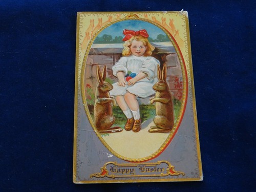Antique Easter Postcard Young Girl W/Bunny Embossed Vibrant Colors ...