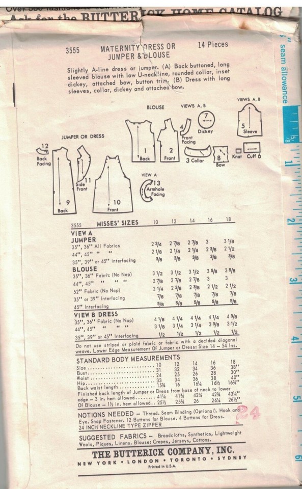 3555 Butterick SEWING Pattern Misses Maternity Dress Jumper Blouse ...