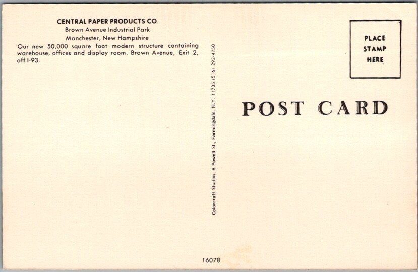 1960s Manchester, NH Advertising Postcard CENTRAL PAPER PRODUCTS ...
