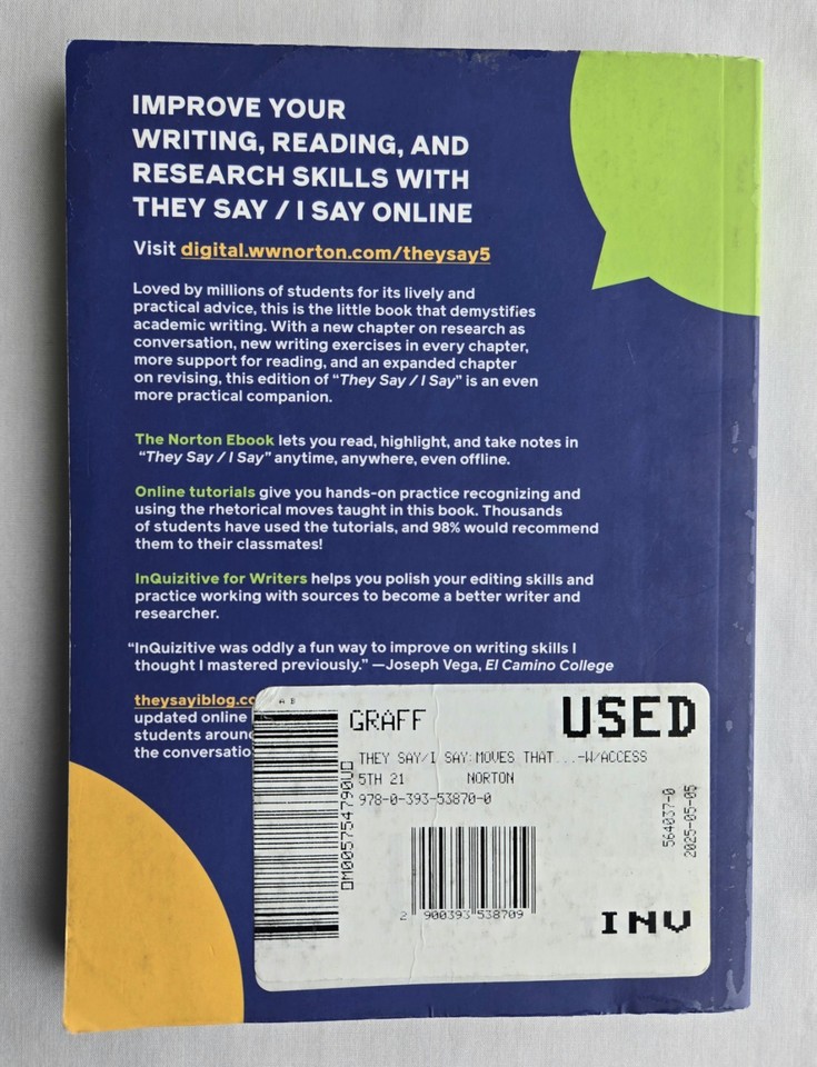 They Say I Say Fifth Edition Textbook with UNUSED Access Code (2021 ...