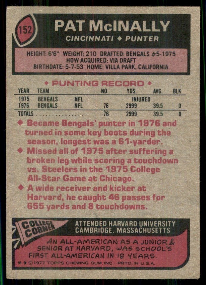 1977 Topps Pat McInally Rookie Cincinnati Bengals #152 | eBay