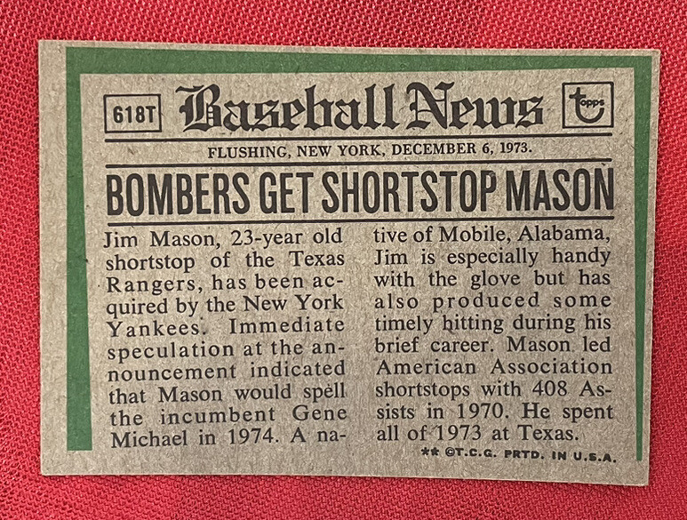 1974 Topps Traded #618T Jim Mason New York Yankees | eBay