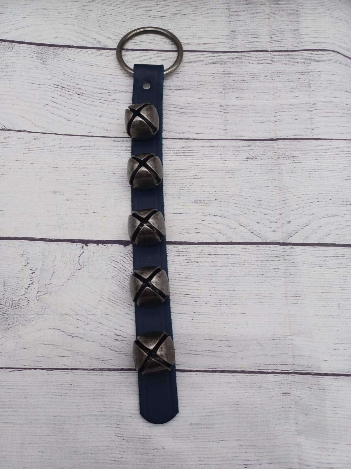 5-Bell Sleigh Bells, Antiqued Nickel Bells on Blue Leather Strap ...