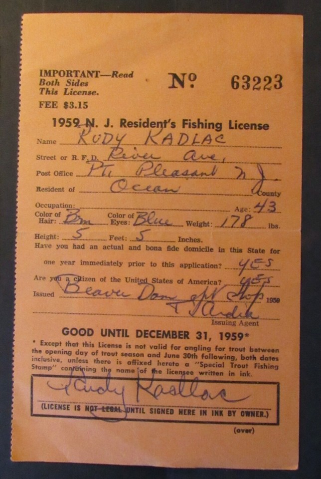 1959 New Jersey Trout Fishing Stamp on Resident Fishing License | eBay