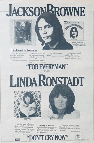JACKSON BROWNE & LINDA RONSTADT 1974 POSTER ADVERT FOR EVERYMAN Asylum ...