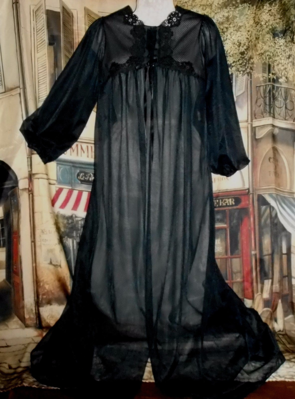 USA Small Black 2pc Peignoir Set Robe Gown Chiffon Billow Slv Crystal ...