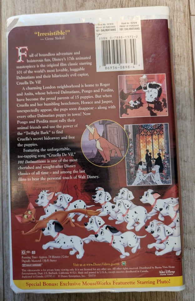 1999 Walt Disney S Masterpiece 101 Dalmatians Vhs Clamshell Nm Like New