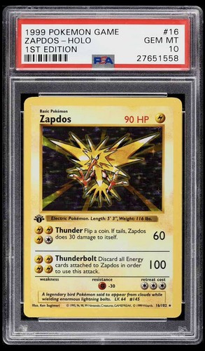 PSA 10 Gem Mint Zapdos Pokemon Base Set 1st Edition Shadowless 16/102 ...