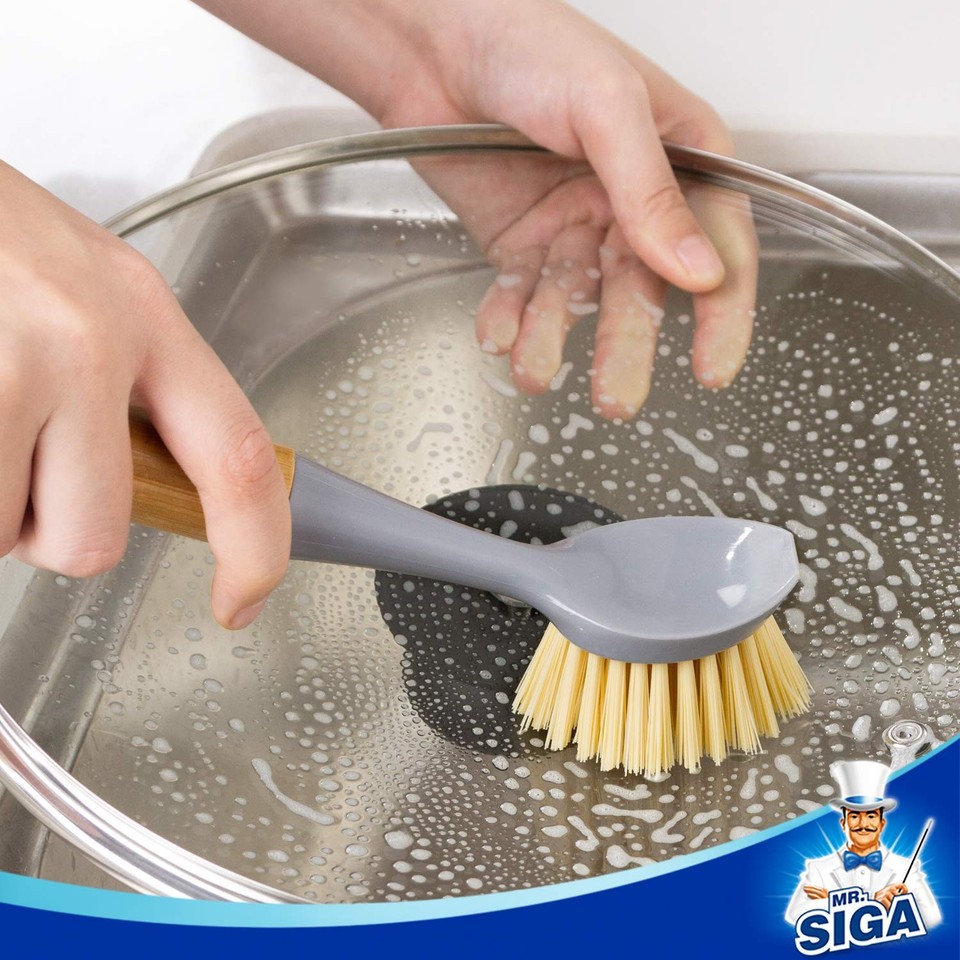Dish Brush with Bamboo Handle Built-in Scraper, Scrub Brush for Pans ...