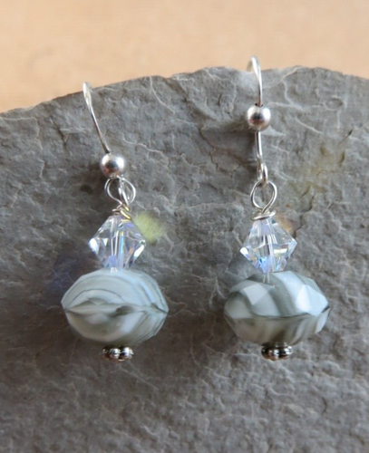Gray Striped Stone & AB Crystal Bead Dangle Sterling Silver Wire ...