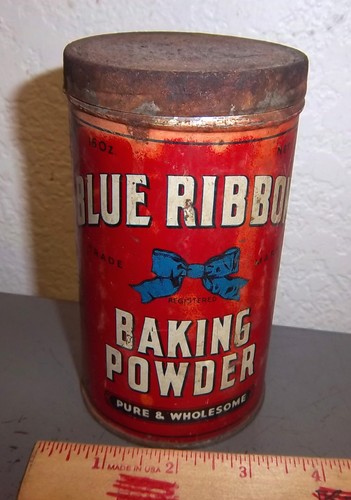 VINTAGE BLUE RIBBON 16 oz BAKING POWDER TIN, pure & wholesome, Great ...
