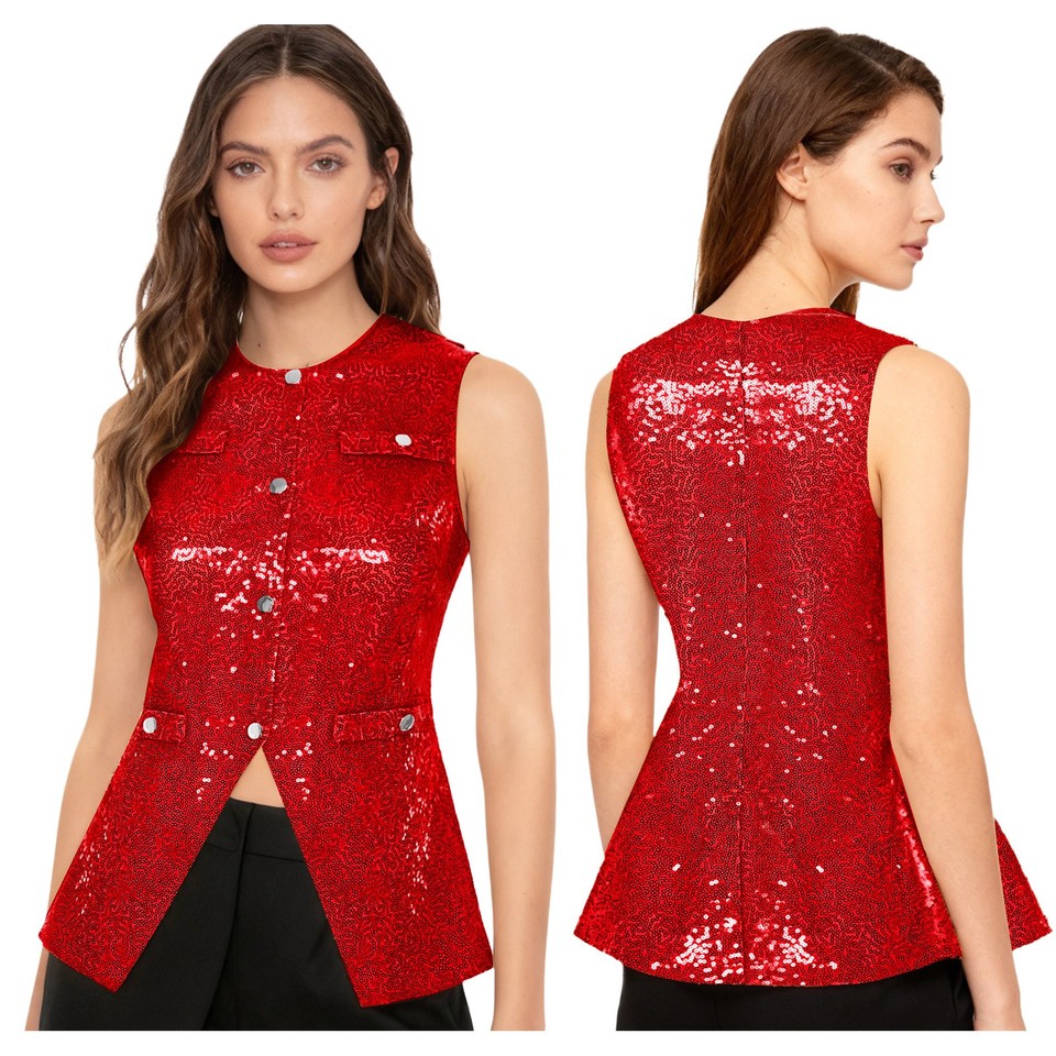 Women's Sequined Blazer Vest Sparkling Shiny Sleeveless Top Vest Dance ...