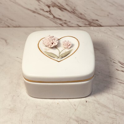 Romantique BHS Ceramic Trinket Box Flowers And Gold Trim 3.5”x3.5”x1.5 ...